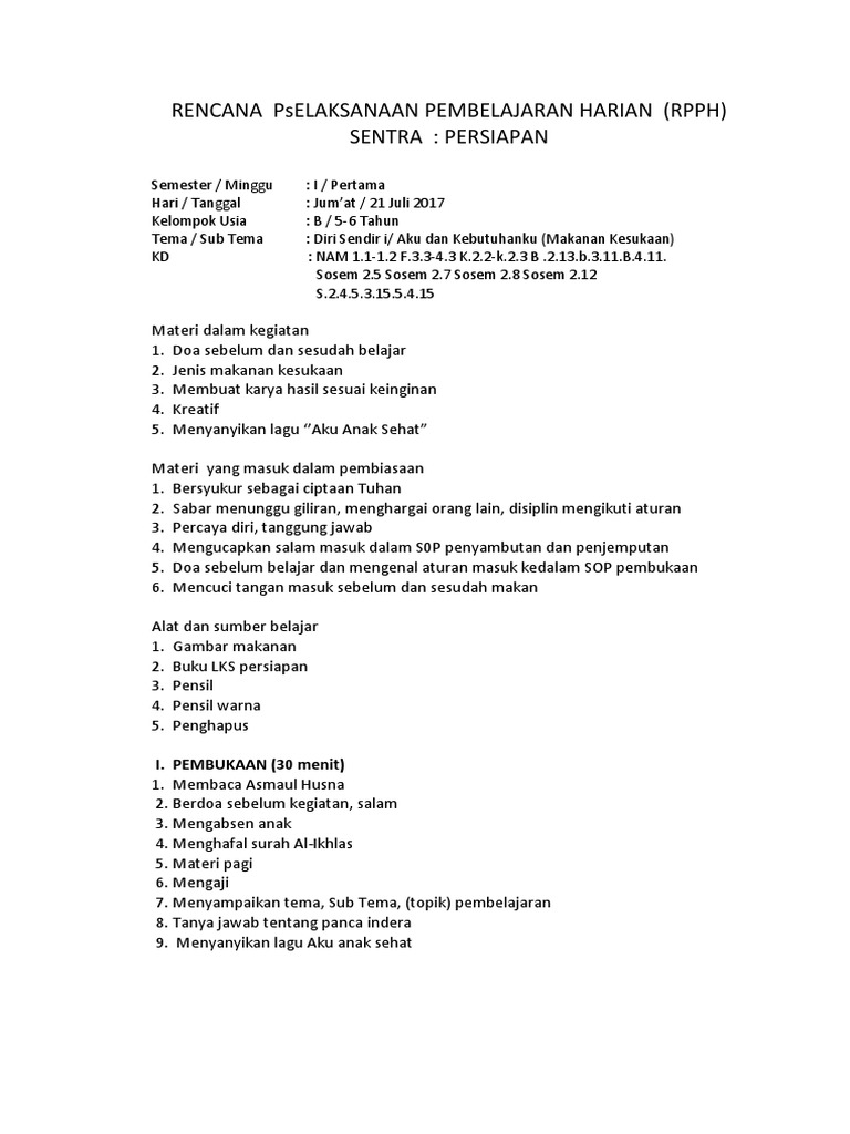 Rencana Pelaksanaan Pembelajaran Harian (RPPH) Liswati TK | PDF
