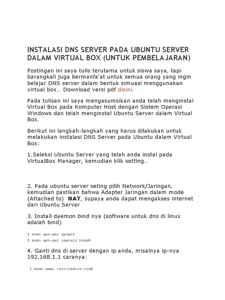 Instalasi DNS Server Pada Ubuntu Server Dalam Virtual Box | PDF | Komputer