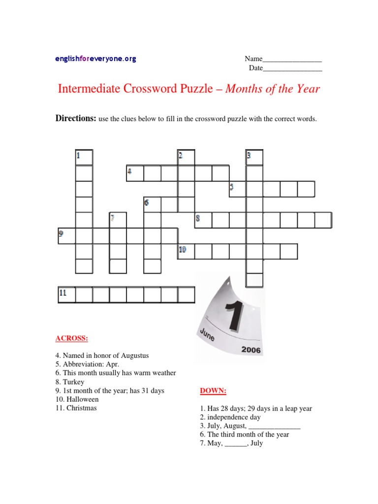 Intermediate Crossword: Months of the Year | PDF