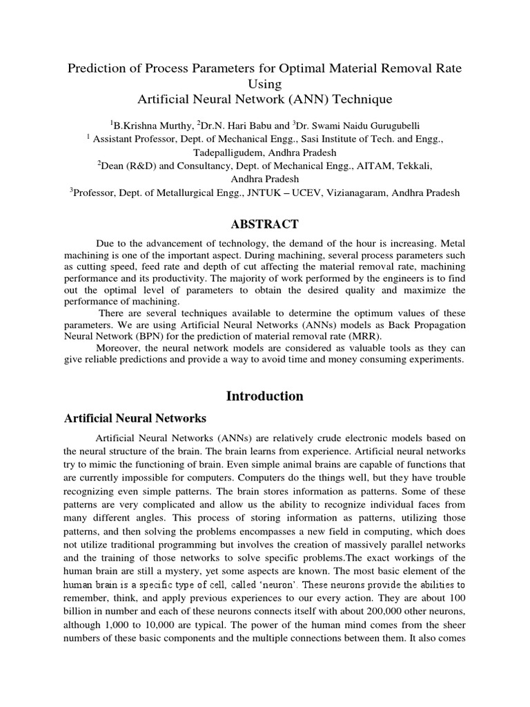 Prediction of Process Parameters For Optimal Material Removal Rate Using Artificial Neural ...