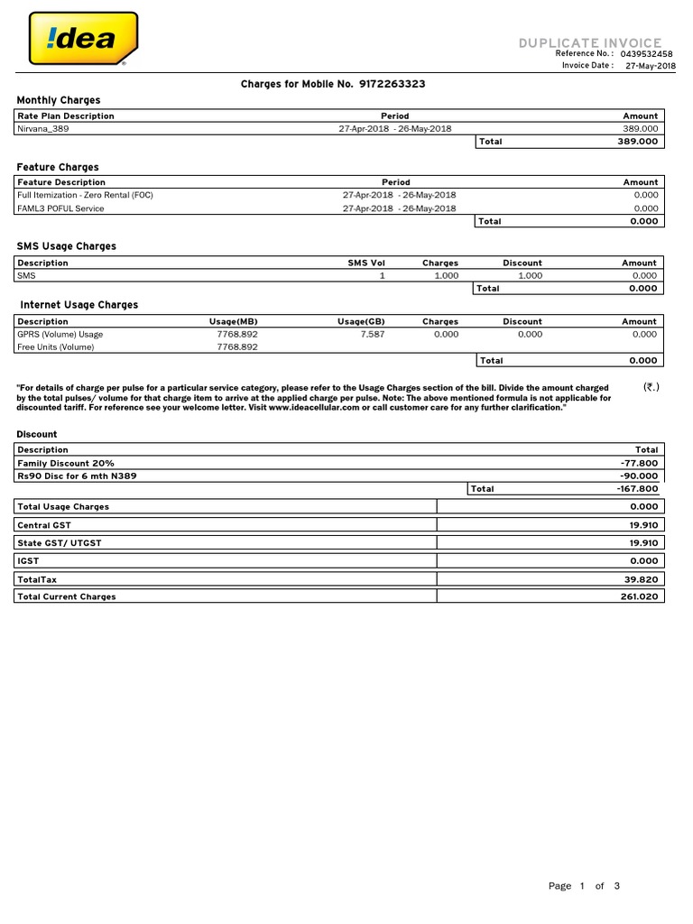 Duplicate Invoice: Charges For Mobile No. 9172263323 Monthly Charges ...