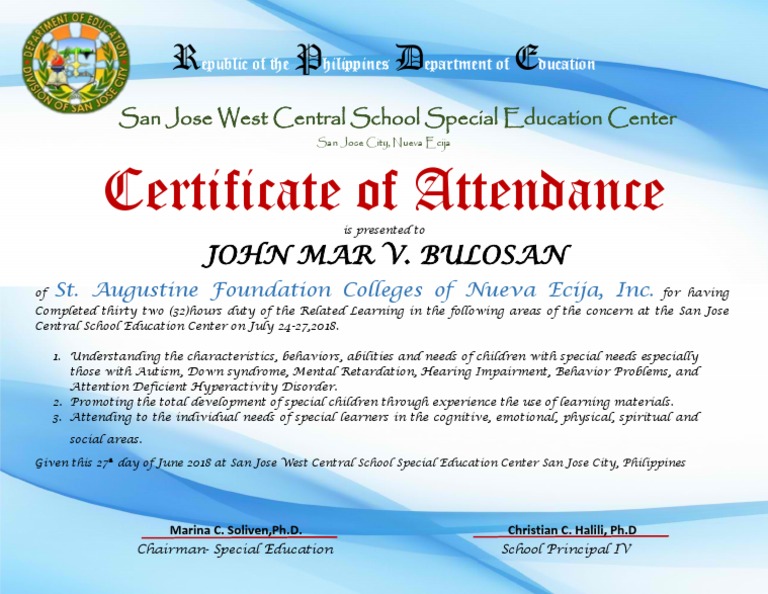 SPED Certificate | PDF | Special Education | Mental And Behavioural ...