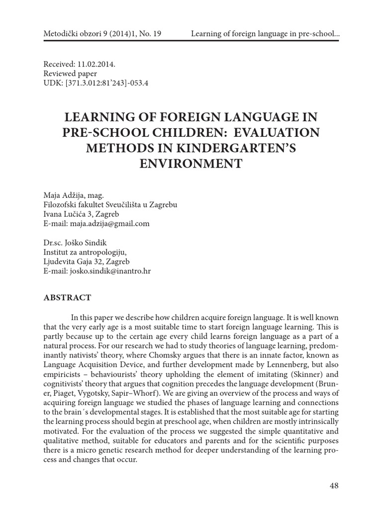 Learning of Foreign Language in Pre-School Children: Evaluation Methods ...