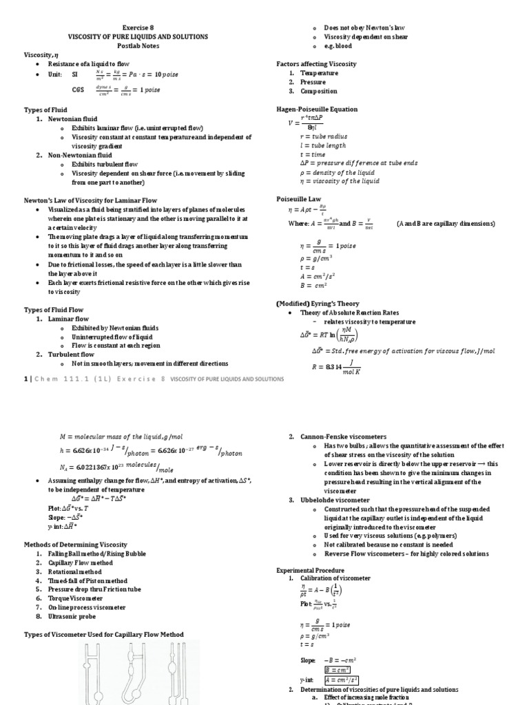 Chem111.1 Exer7 SampleCalc.v3 | PDF | Viscosity | Fluid Dynamics