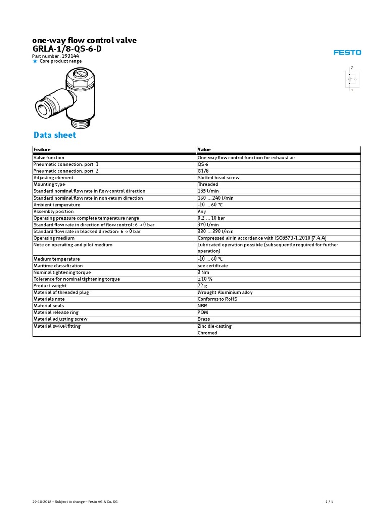 One-Way Flow Control Valve GRLA-1/8-QS-6-D | PDF | Technology & Engineering