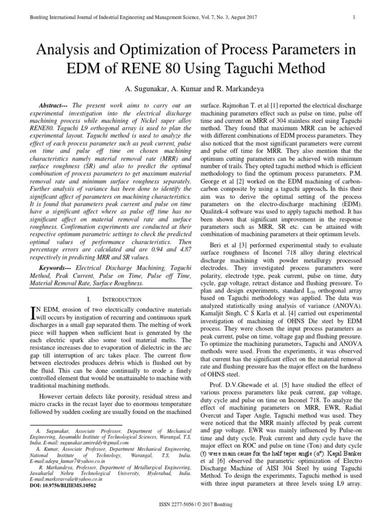 Analysis and Optimization of Process Parameters in EDM of RENE 80 Using ... Analysis and Optimization of Process Parameters in EDM of RENE 80 Using ...