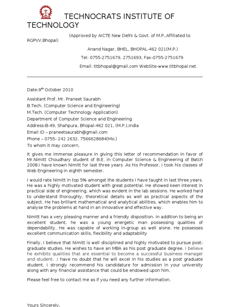 Recommendation Letter -Professor | Graduate School | Computer Science