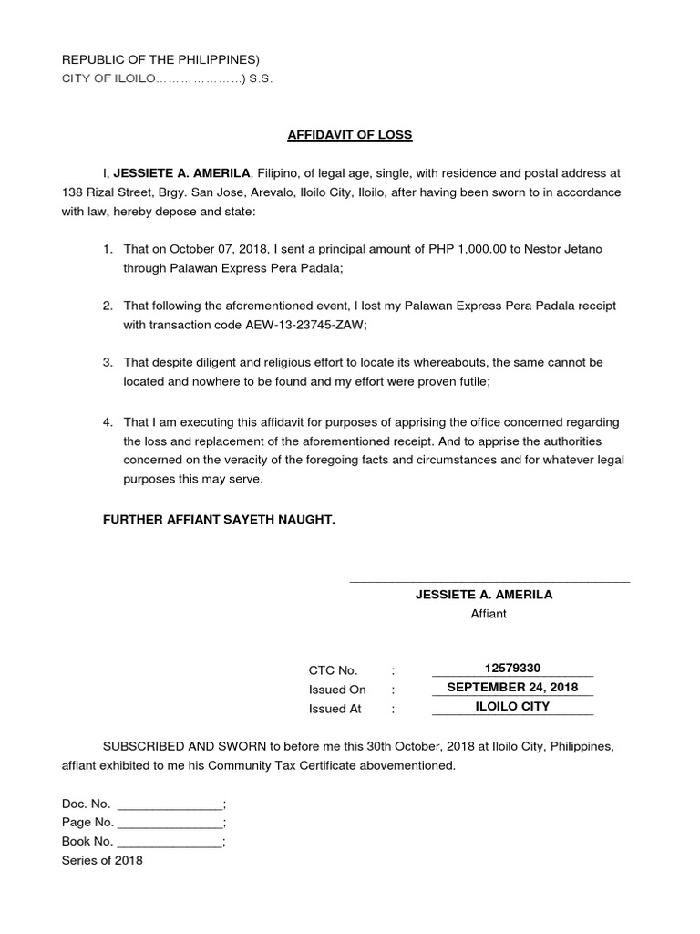 Affidavit of Loss - Palawan Receipt | PDF
