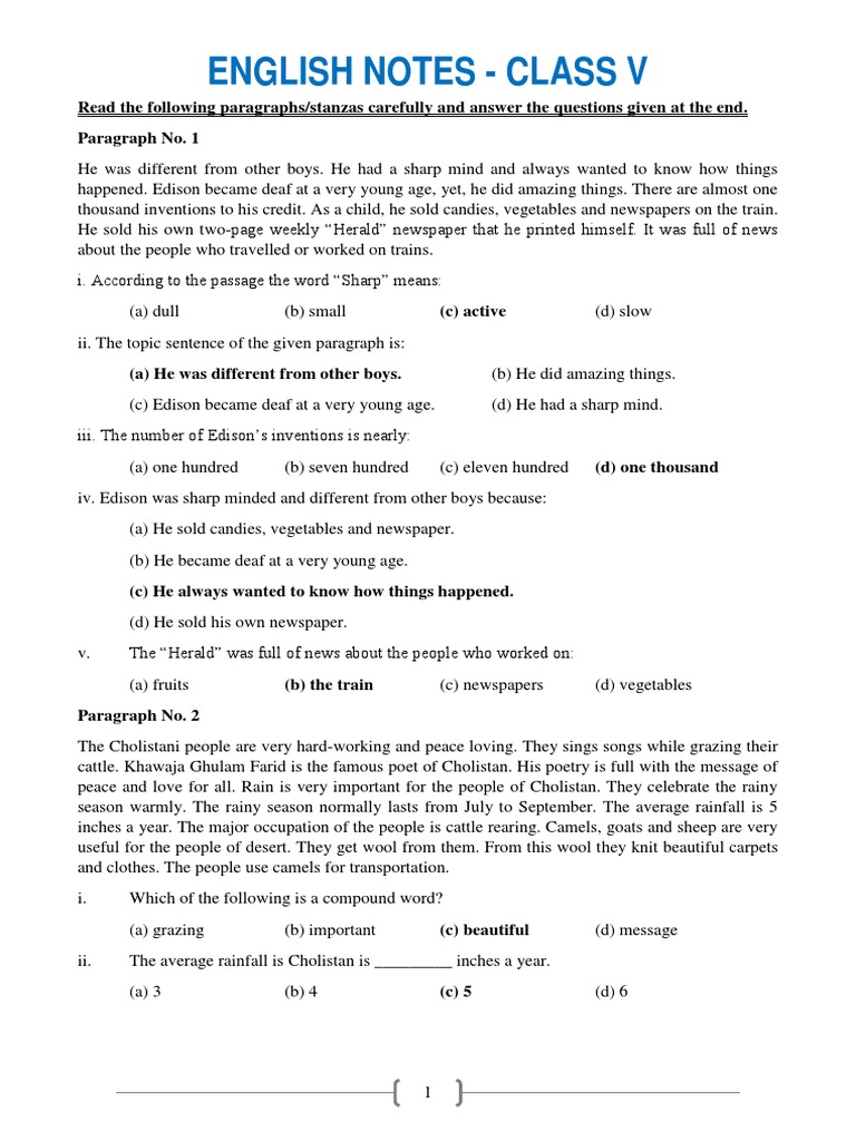 English Notes - Class V | PDF | Muhammad Ali Jinnah | Penguin