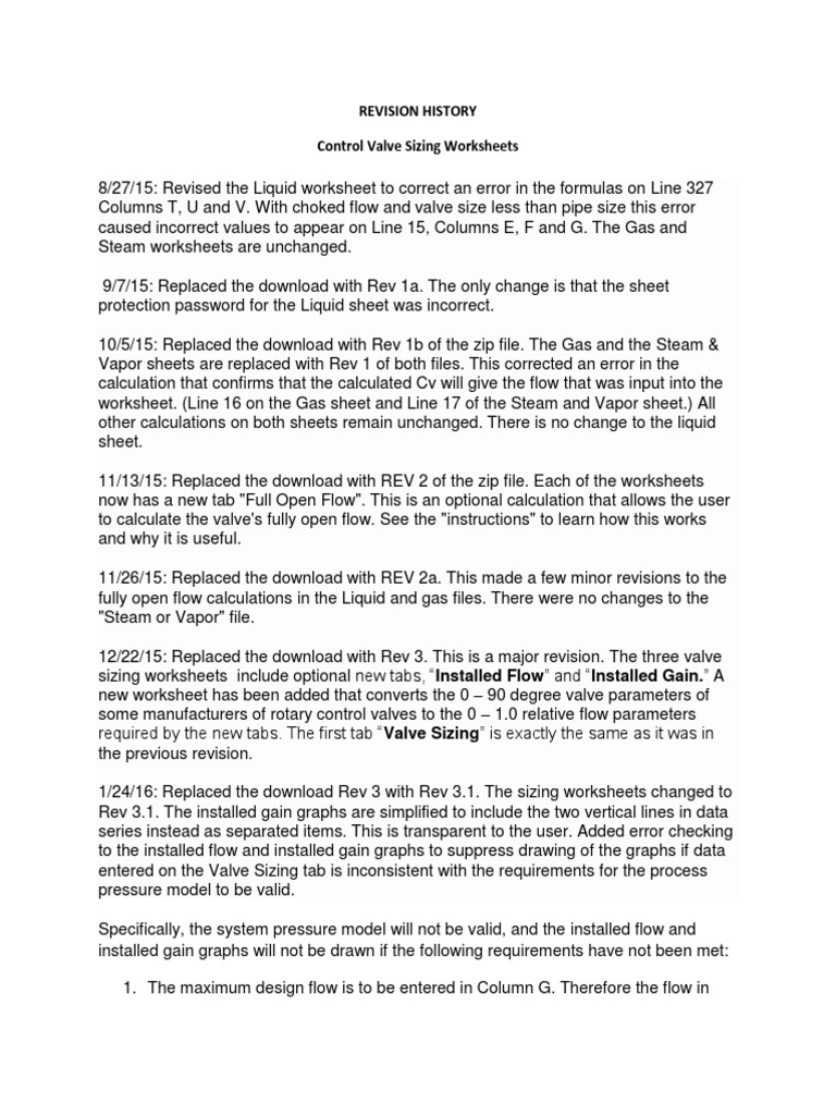 Revision History Control Valve Sizing Worksheets | PDF | Valve | Pressure