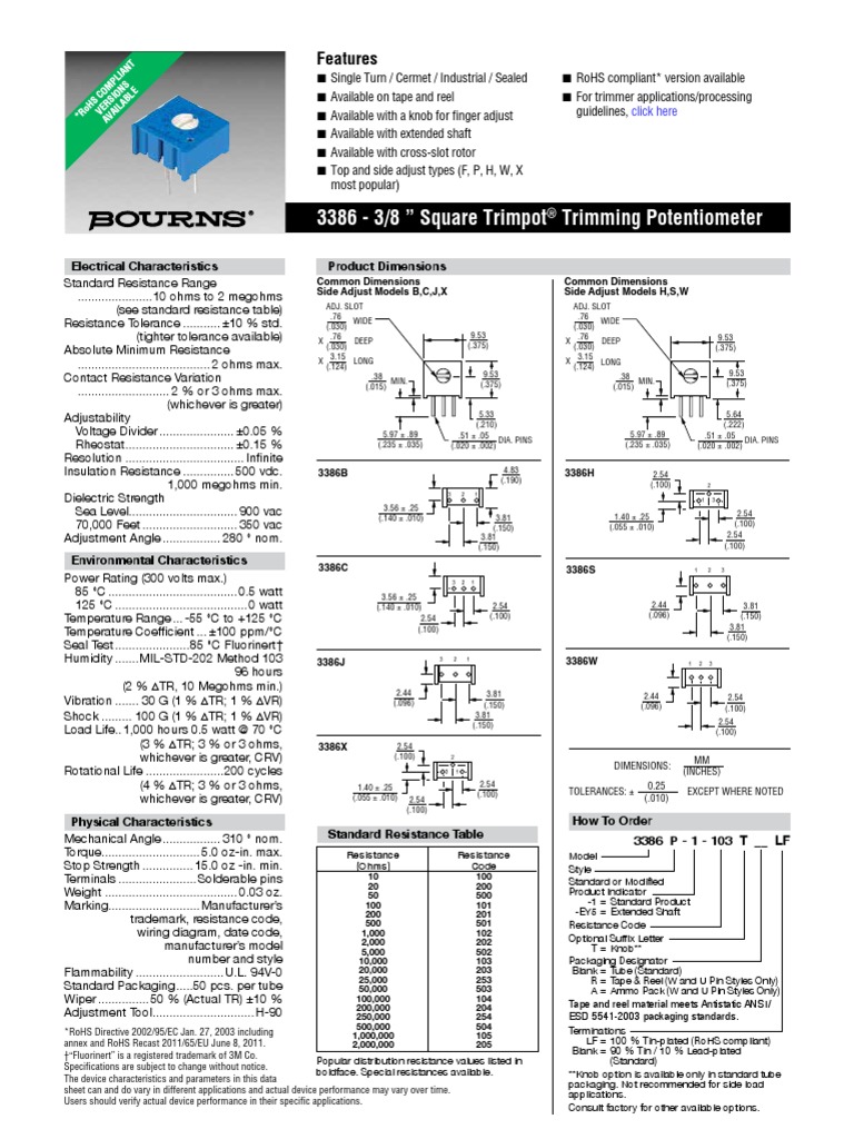 3386 3 8 Square Trimpot Trimming Potentiometer Features Pdf Quantity Force