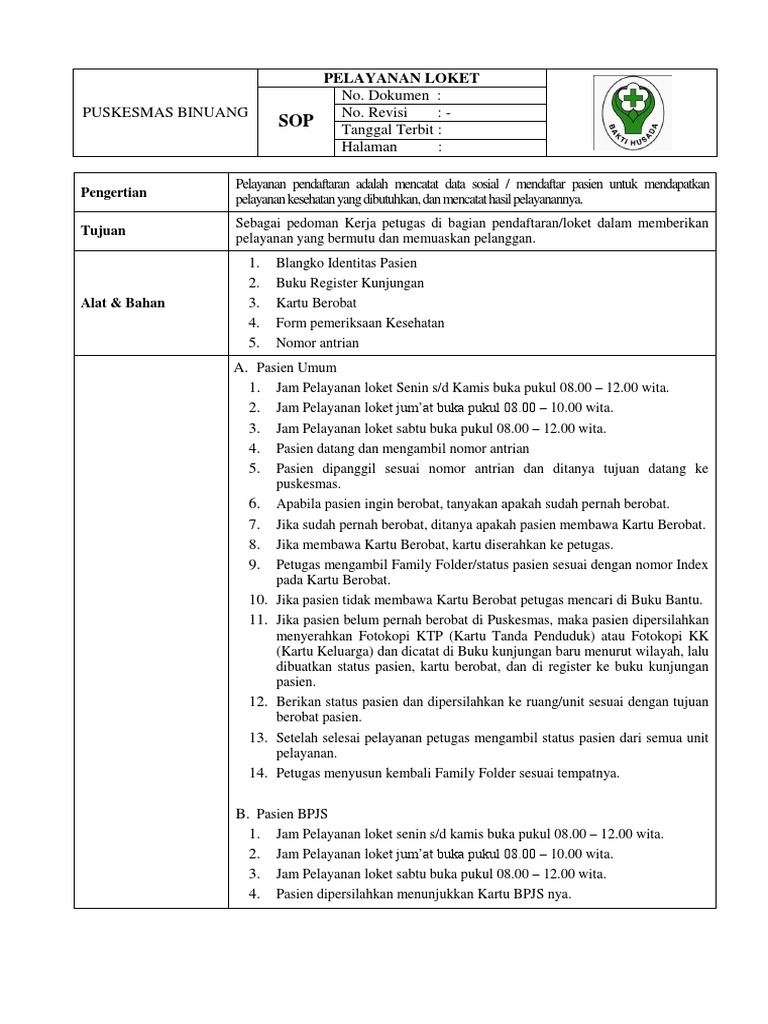 Sop Pelayanan Loket Puskesmas Binuang | PDF