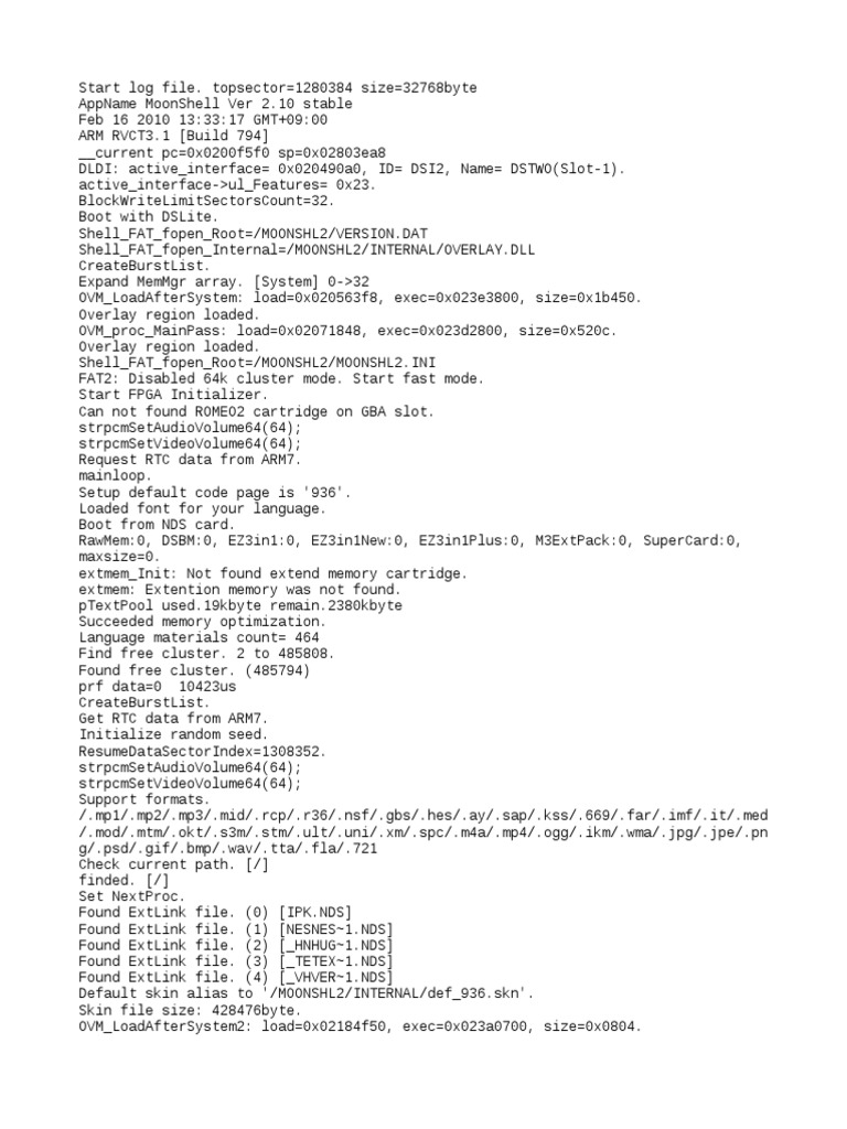 MoonShell Log File Documenting Startup Process and Initial Operations on ARM Microcontroller | PDF