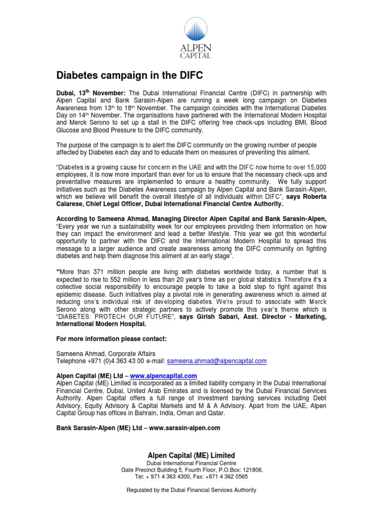 Diabetes Awareness Campaign at DIFC | PDF | Dubai | United Arab Emirates
