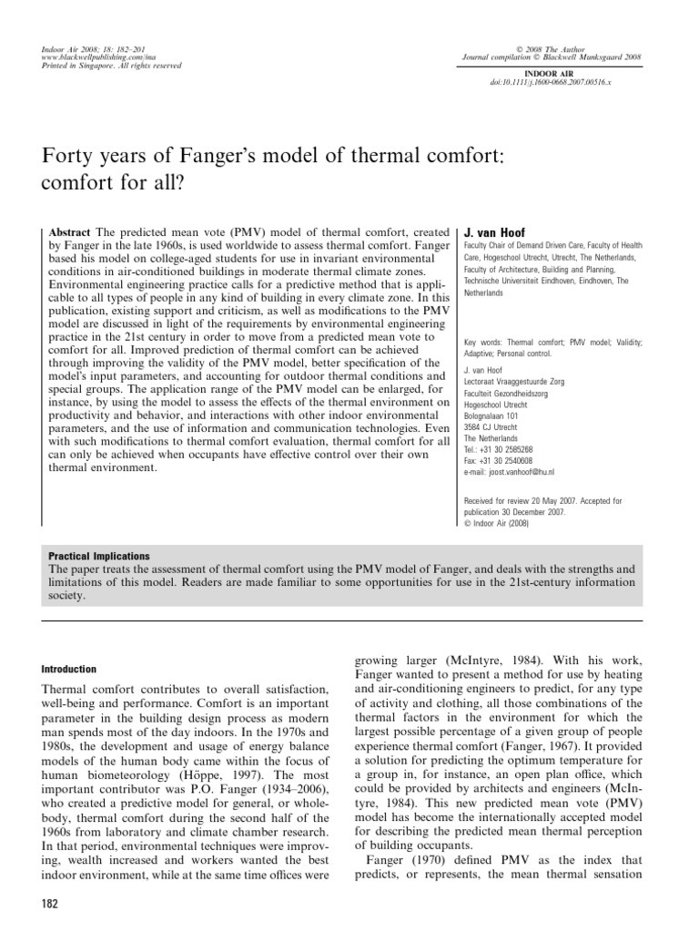 Forty Years of Fanger's Model of Thermal Comfort Comfort For All PDF ...