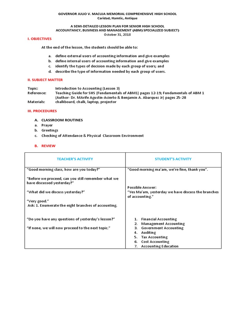 Lesson 3 - Users of Accounting Information | PDF | Accounting | Lesson Plan