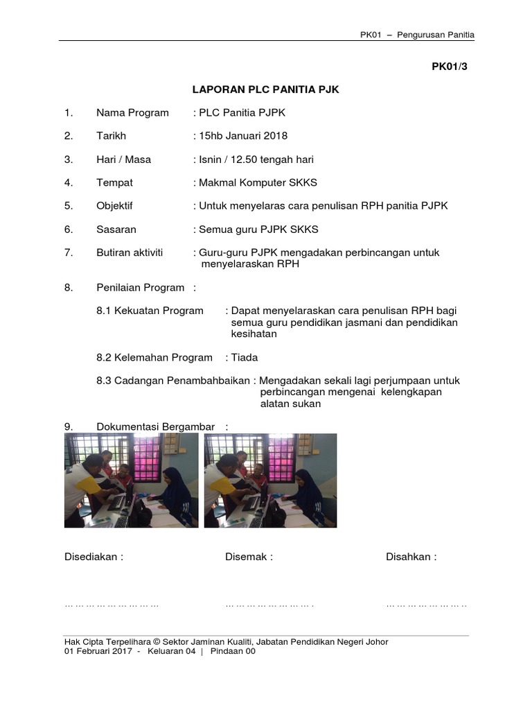Pk01-3 Format Laporan PLC PJK Bil 1-2018 | PDF