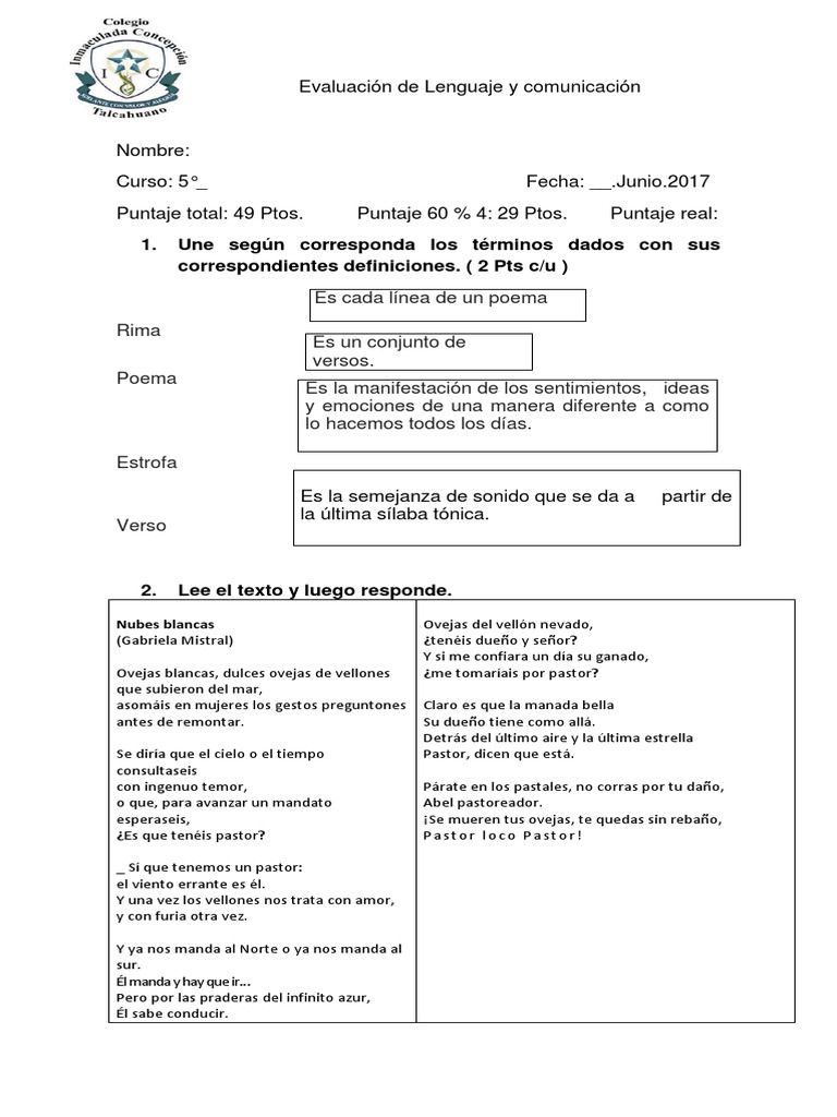 Evaluación de Lenguaje y Comunicación | PDF | Rima | Poesía