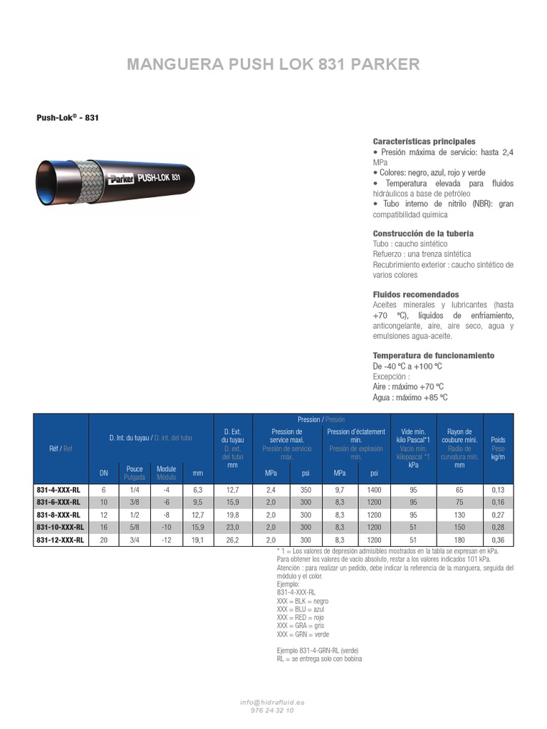 Manguera Push-lok 831 Parker | Materia suave | Presión