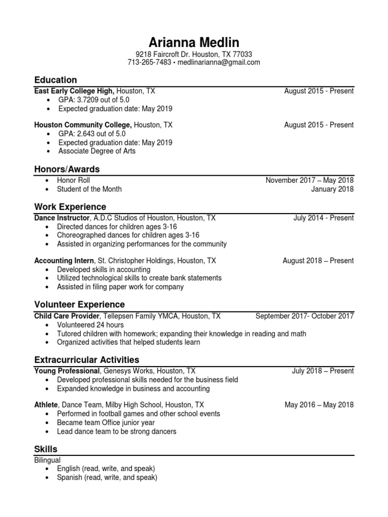 Arianna Medlin's Resume: Education, Work, and Skills | PDF