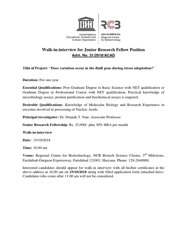 Walk-in Interview for Junior Research Fellow | PDF