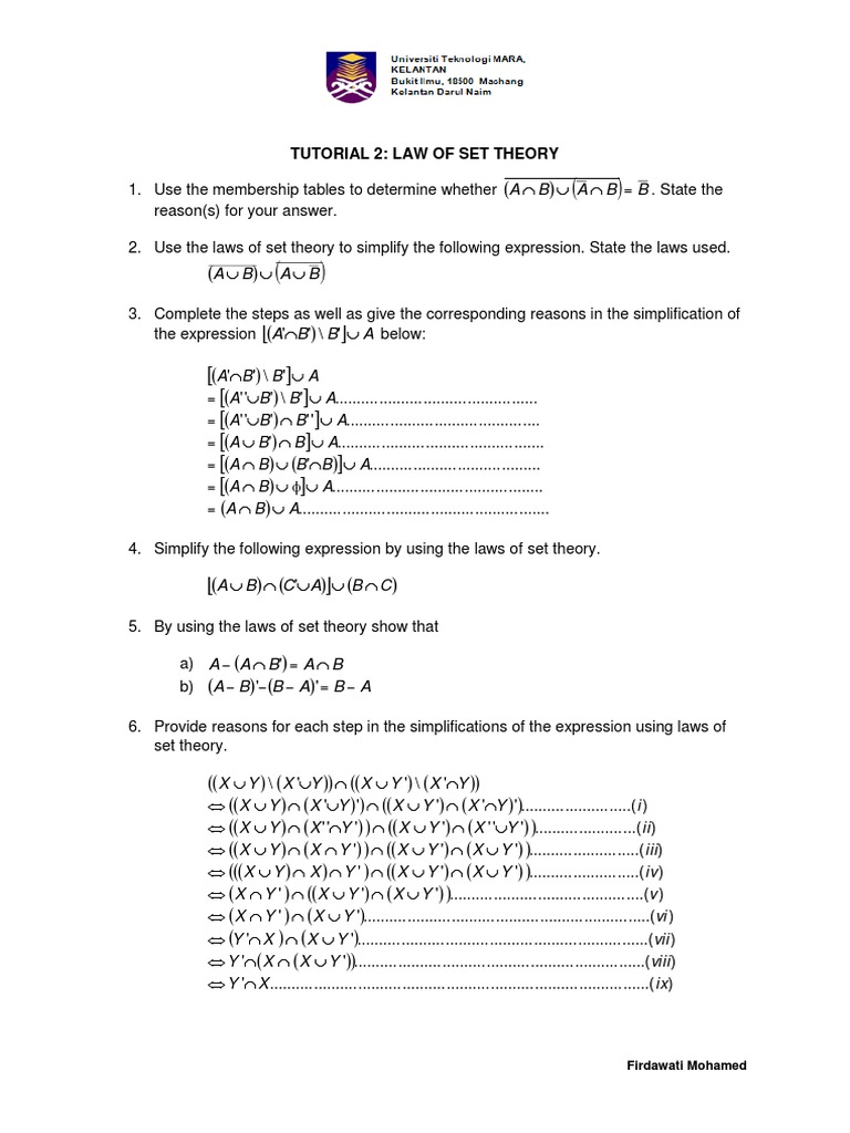Tutorial 2 - Law of Set Theory | PDF | Teaching Mathematics