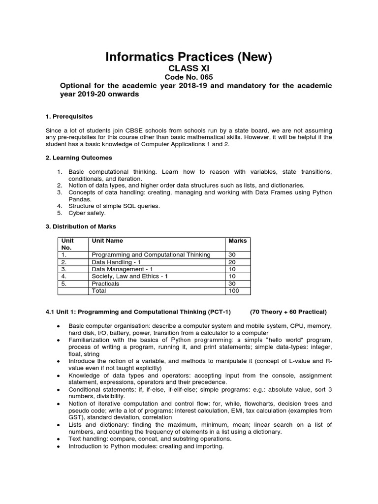 CBSE Class 11 Informatics Practices Syllabus | PDF | Sql | Databases