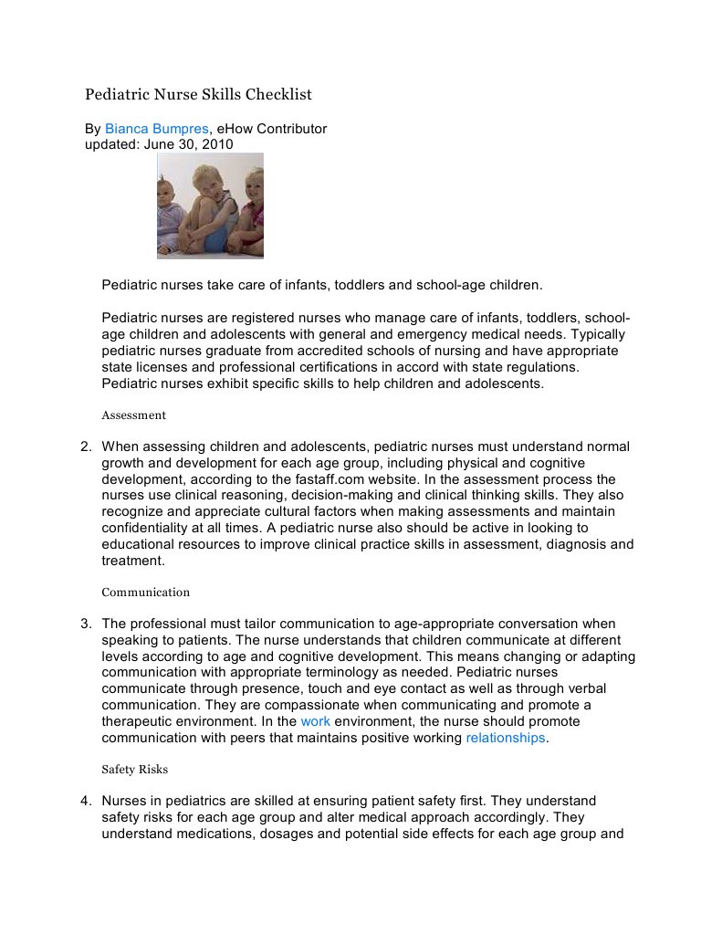 Pediatric Nurse Skills Checklist | Nursing | Caregiver