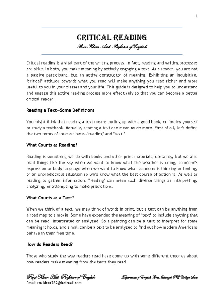 Critical Reading: Rozi Khan Asst. Professor of English | Download Free ...