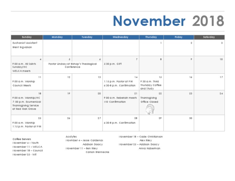 November Calendar 2018 | PDF | Christian Worship And Liturgy ...