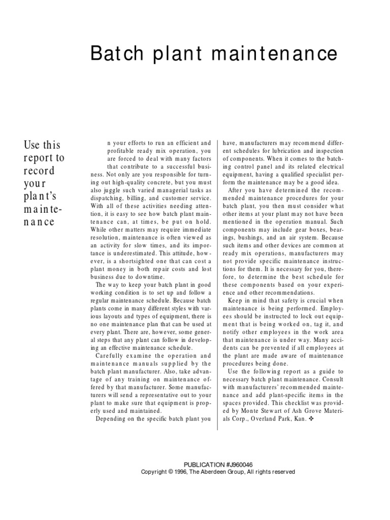 Batch Plant Maintenance: Use This Report To Record Your Plant's Mainte ...