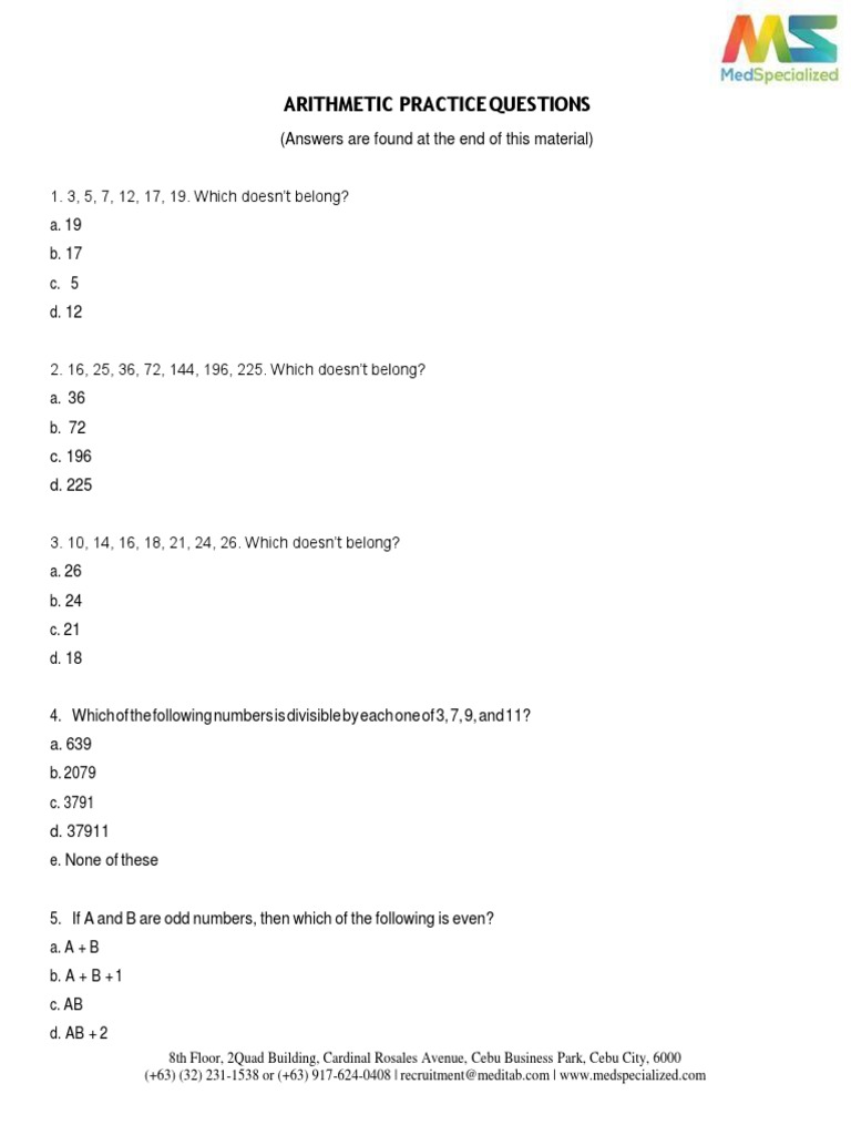 Practice Questions - Arithmetic | PDF | Numbers | Teaching Mathematics