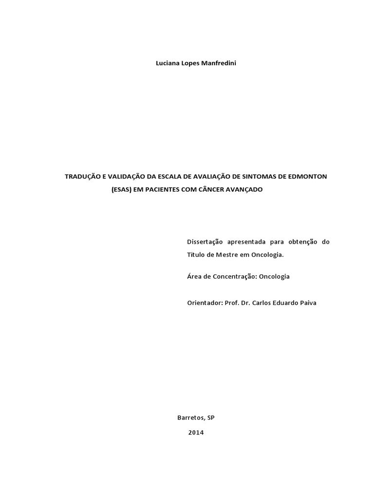 Tradução e Validação Da Escala de Avaliação de Sintomas de Edmonton ...