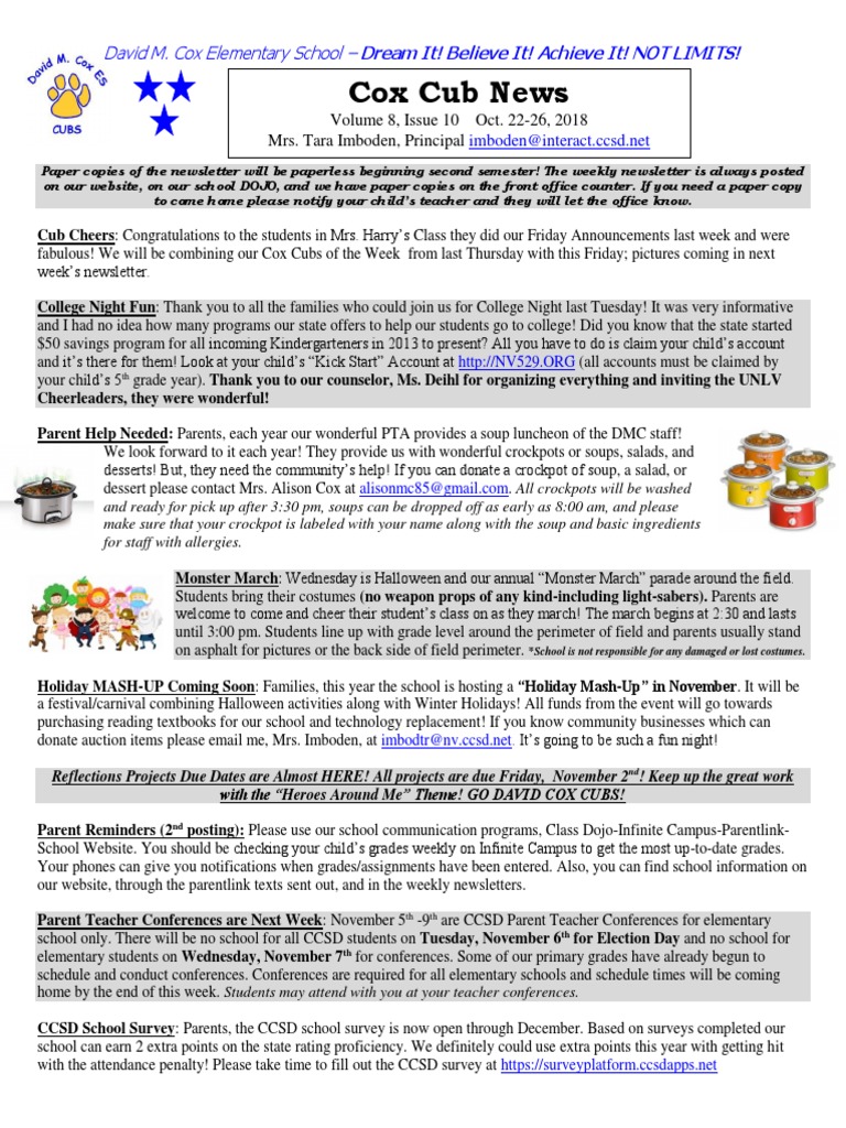 David M. Cox Elementary Newsletter Update | PDF | Schools | Leisure