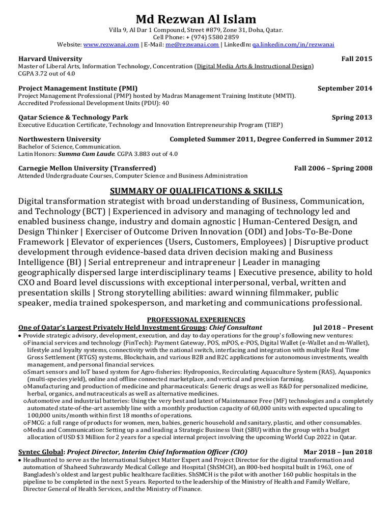 MD Rezwan Al Islam: Summary of Qualifications & Skills | PDF | Augmented Reality | Mobile App