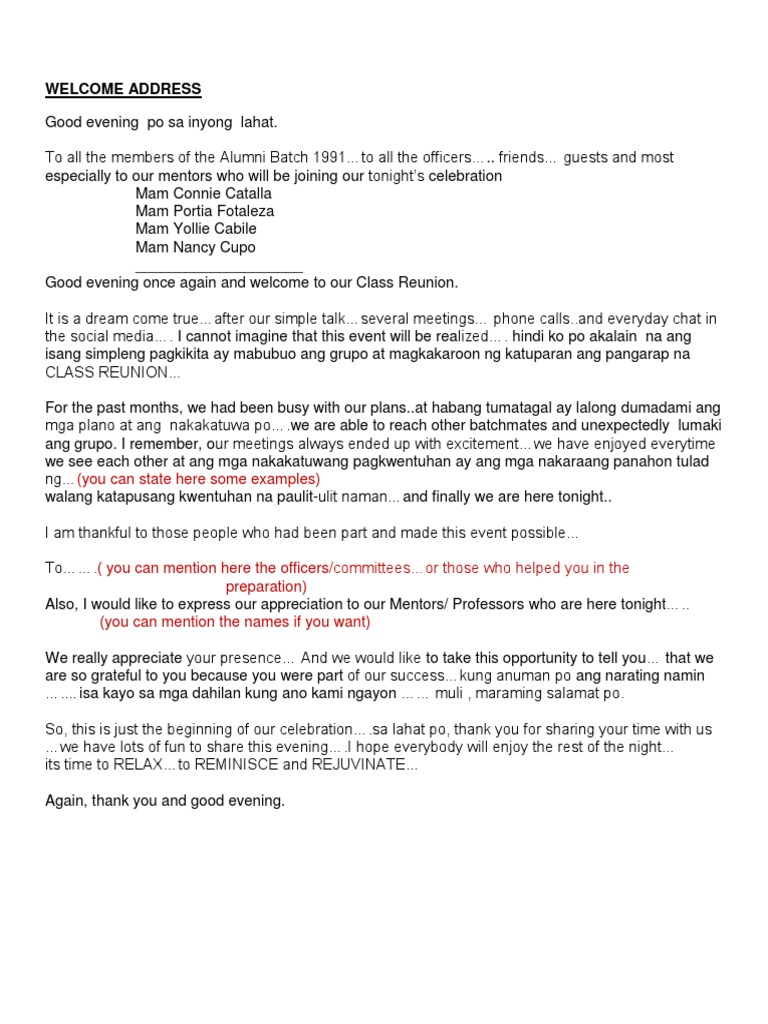 Welcome Address: (You Can State Here Some Examples) | PDF | Foreign ...