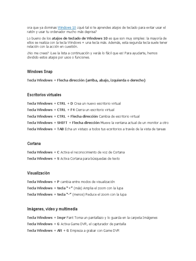 Combinaciones de Teclas windows 10 | Microsoft Windows | Ventana ...
