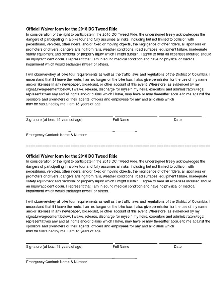 Official Waiver Form For The 2018 DC Tweed Ride | PDF | Traffic ...