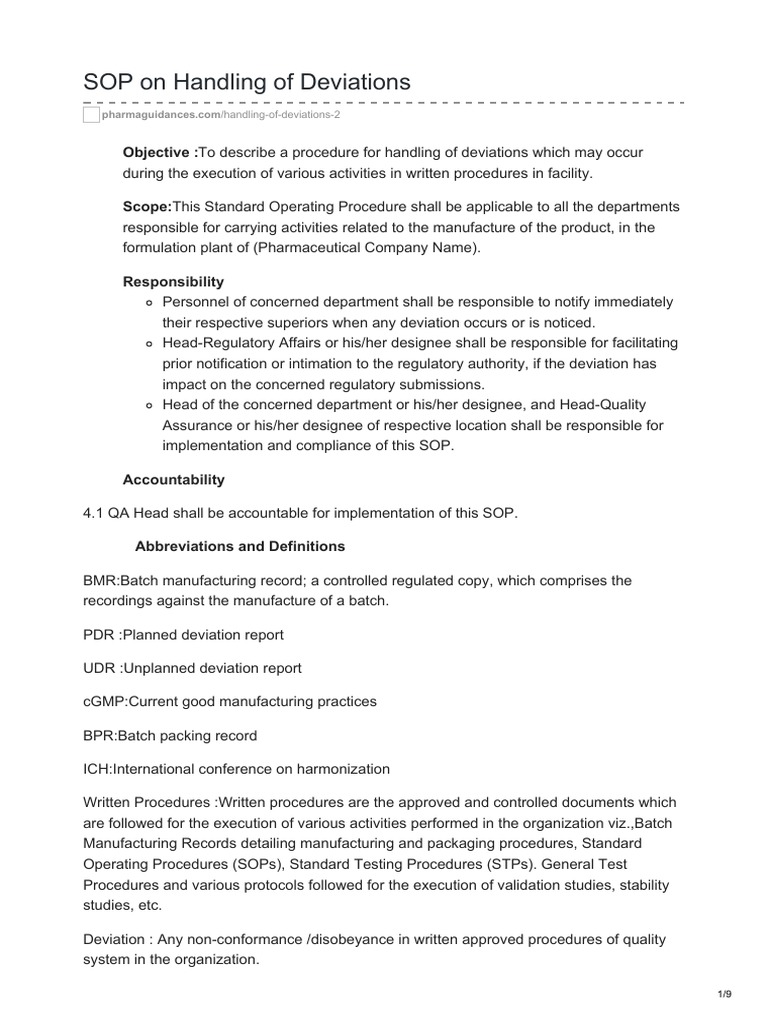 SOP On Handling of Deviations | PDF | Quality Assurance | Business