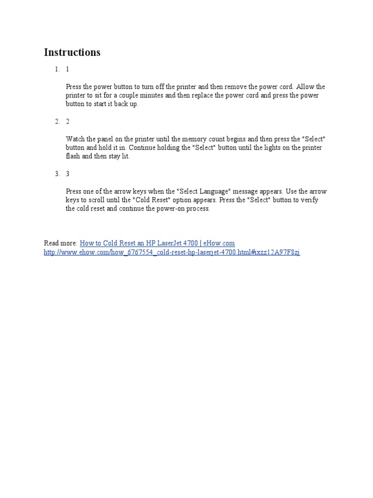 Cold Reset HP LaserJet 4700 Guide | PDF
