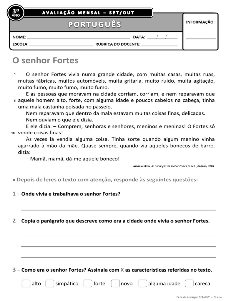 Ficha de avaliação mensal - 3.º ano - Português - Setembro/Outubro ...
