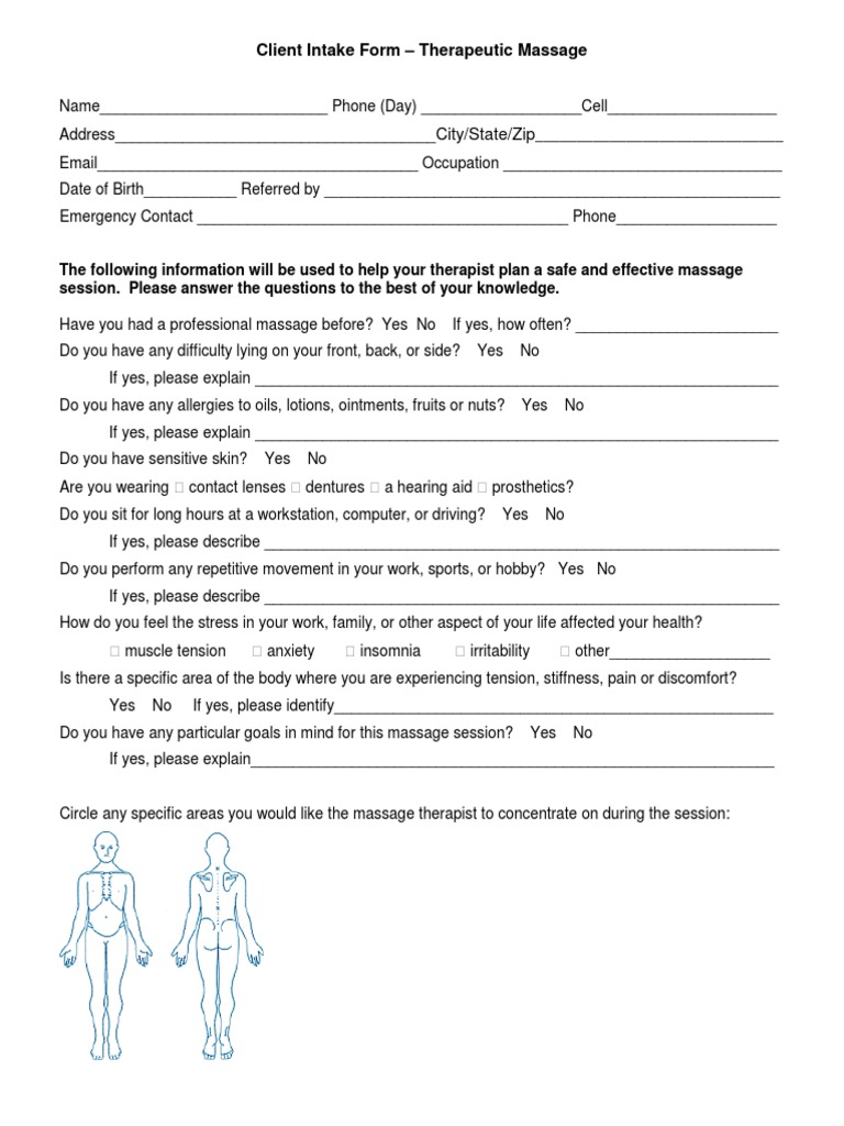 Client Intake Form - Therapeutic Massage | PDF | Massage | Headache