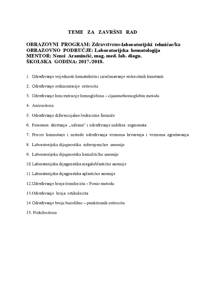 Teme Za Zavrsni Rad 2017.-18. ZLT | PDF