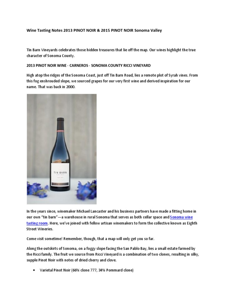 Wine Tasting Notes 2013 PINOT NOIR & 2015 PINOT NOIR Sonoma Valley ...