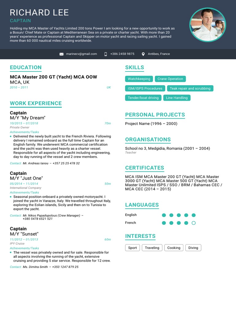 Yacht Captain CV for Mediterranean Roles | PDF | Sea Captain | Yacht