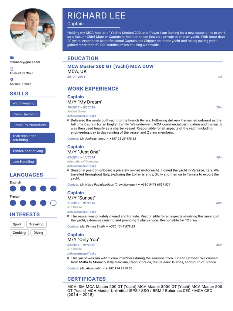 Marine CV Captain Template | PDF | Sea Captain | Yacht
