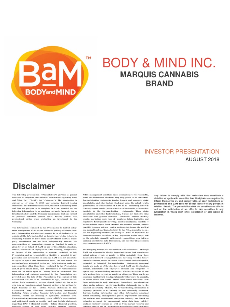 Bam Investor Presentation August Final | PDF | Investor | Cannabis (Drug)