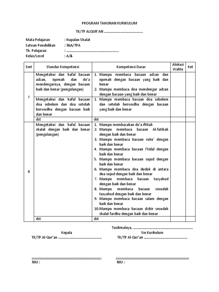 Contoh Format Program Tahunan Kurikulum TKA TPA TQA | PDF