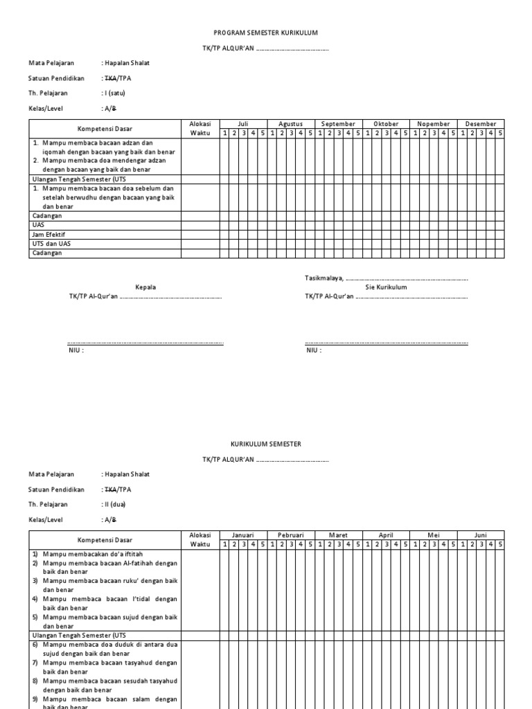 Contoh Format Program Tahunan Kurikulum TKA TPA TQA | PDF