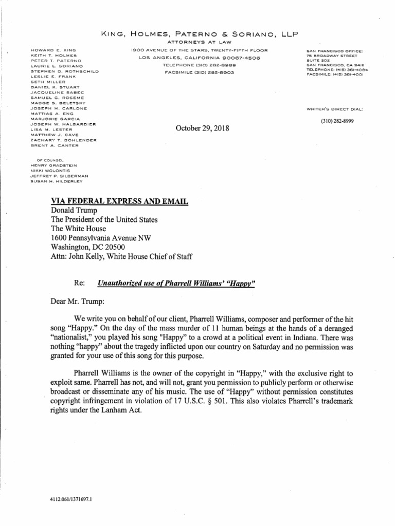 Letter to Donald Trump (Cease and Desist) 2018.10.29